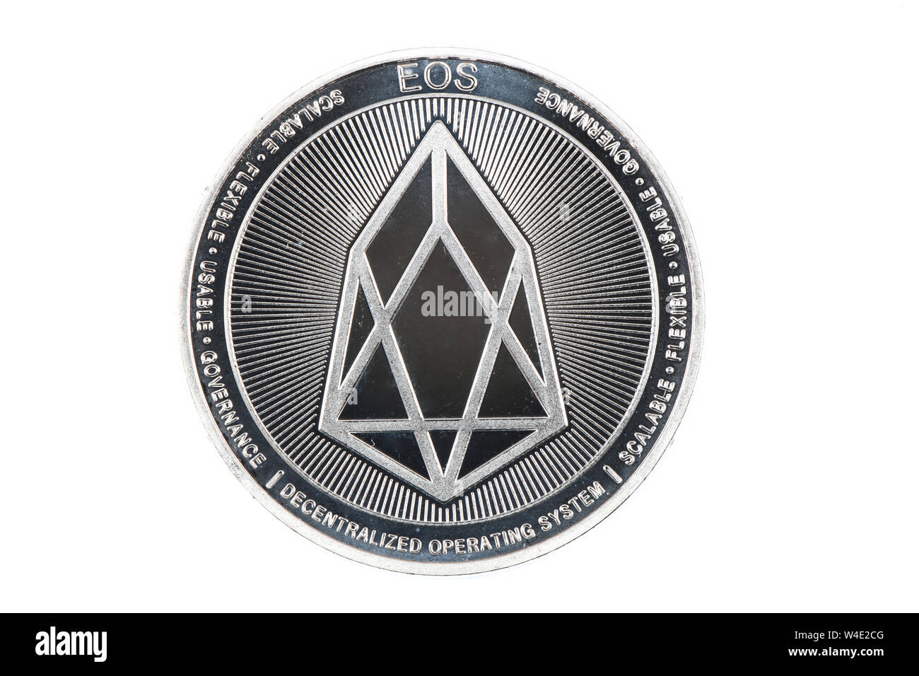 Face of the crypto currency, silver EOS isolated on white background ...