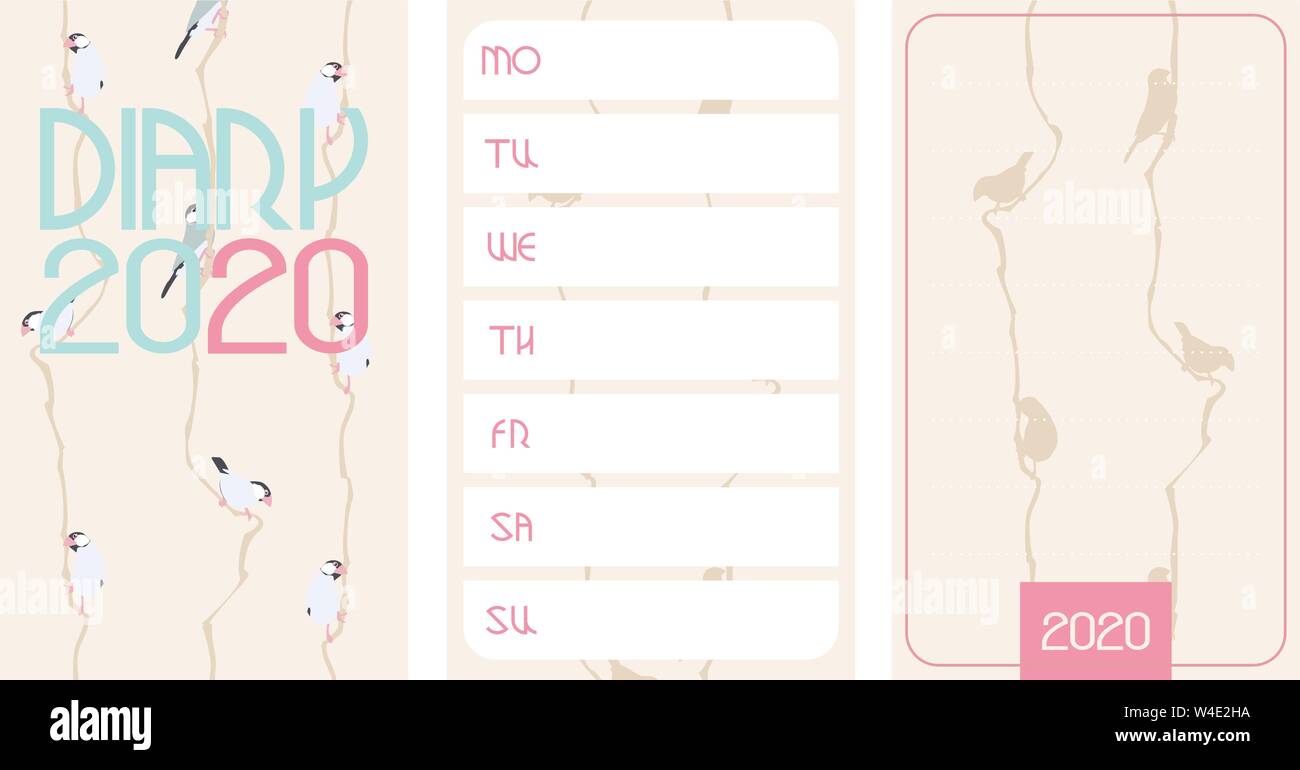 Diary 2020. Front page, week planner and page for notices with cute ...