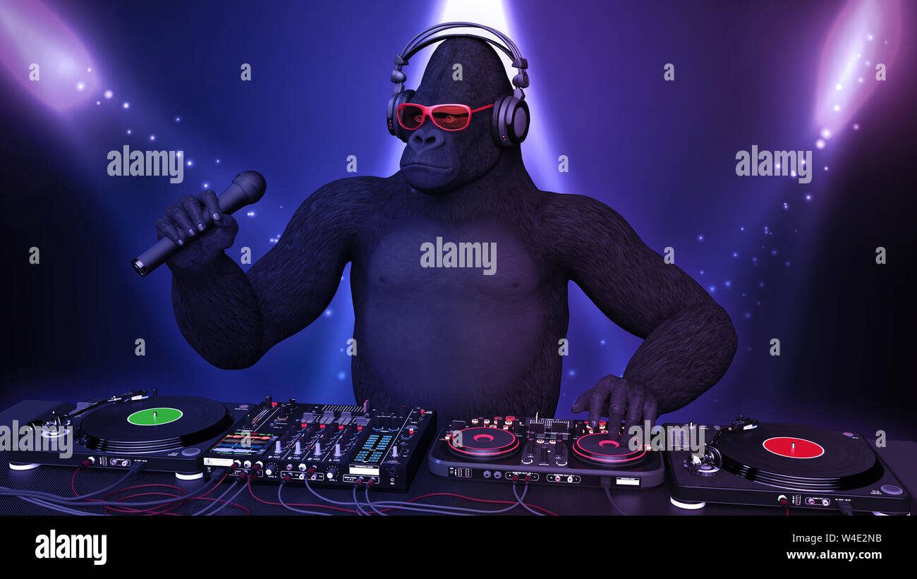 DJ gorilla, disc jockey monkey with microphone playing music on ...