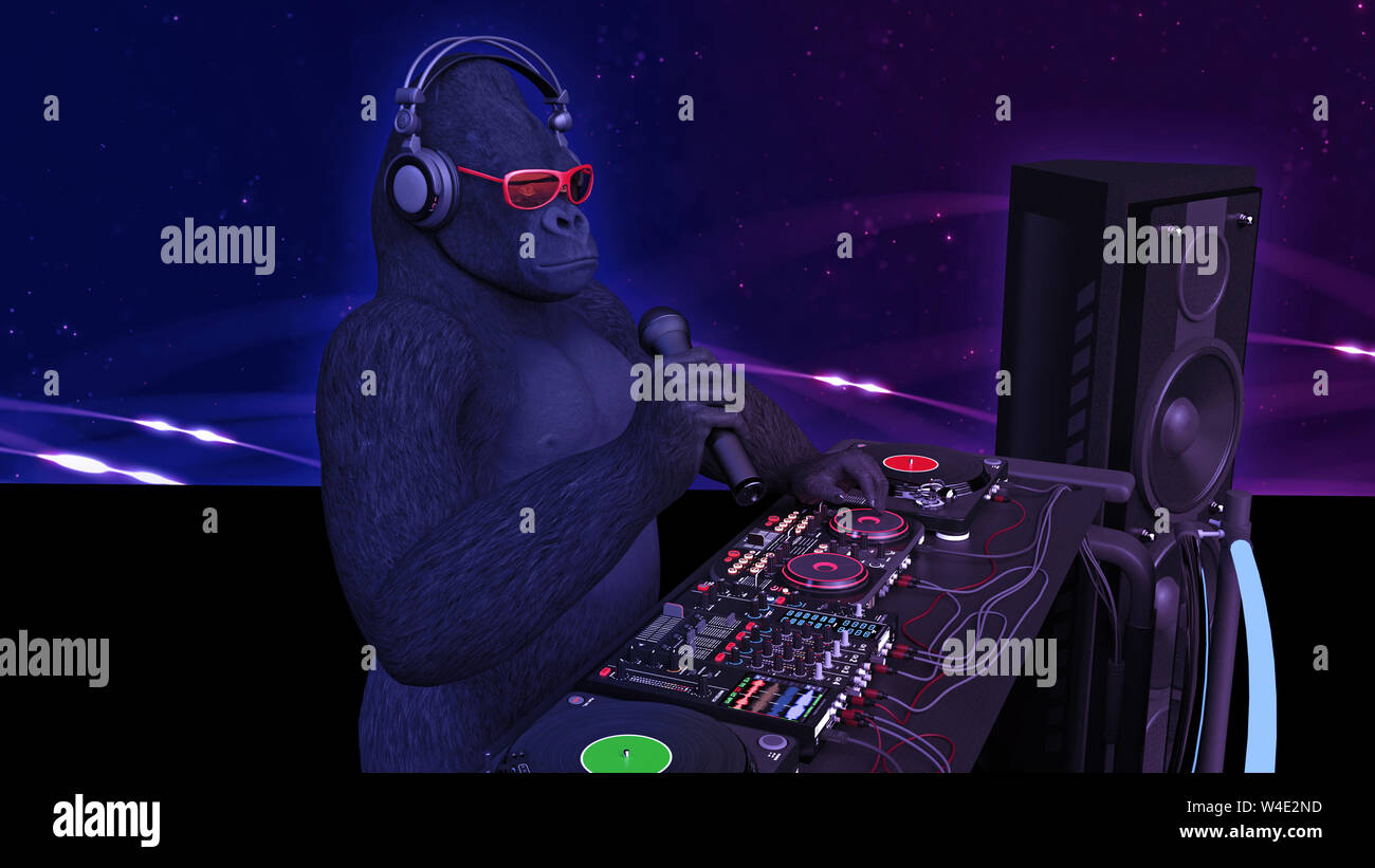 DJ gorilla, disc jockey monkey with microphone playing music on ...