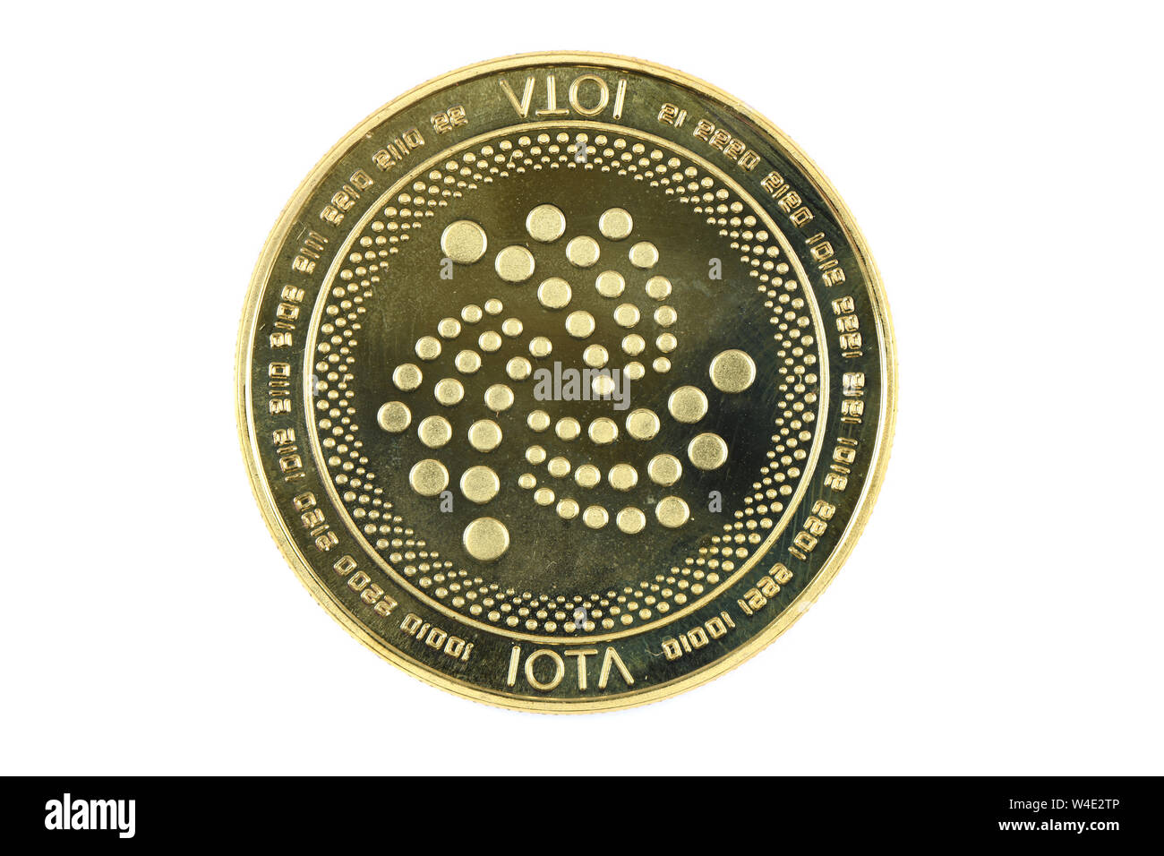 Face of the crypto currency golden iota isolated on white background ...