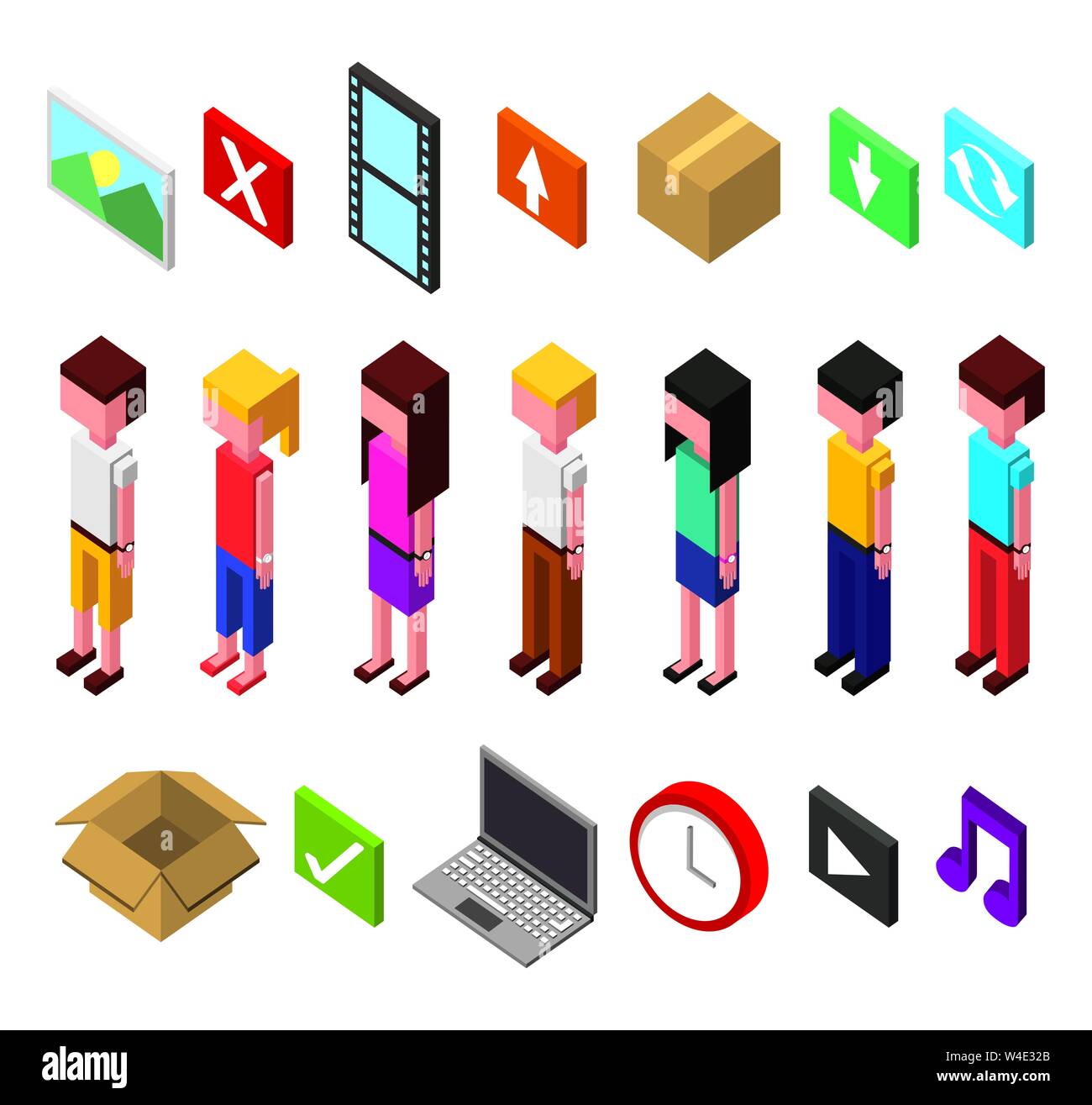 bundle of data center and users avatars isometric set icons Stock ...