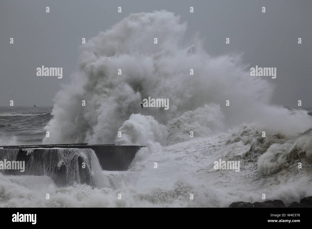 Big stormy waves and splash over pier Stock Photo - Alamy