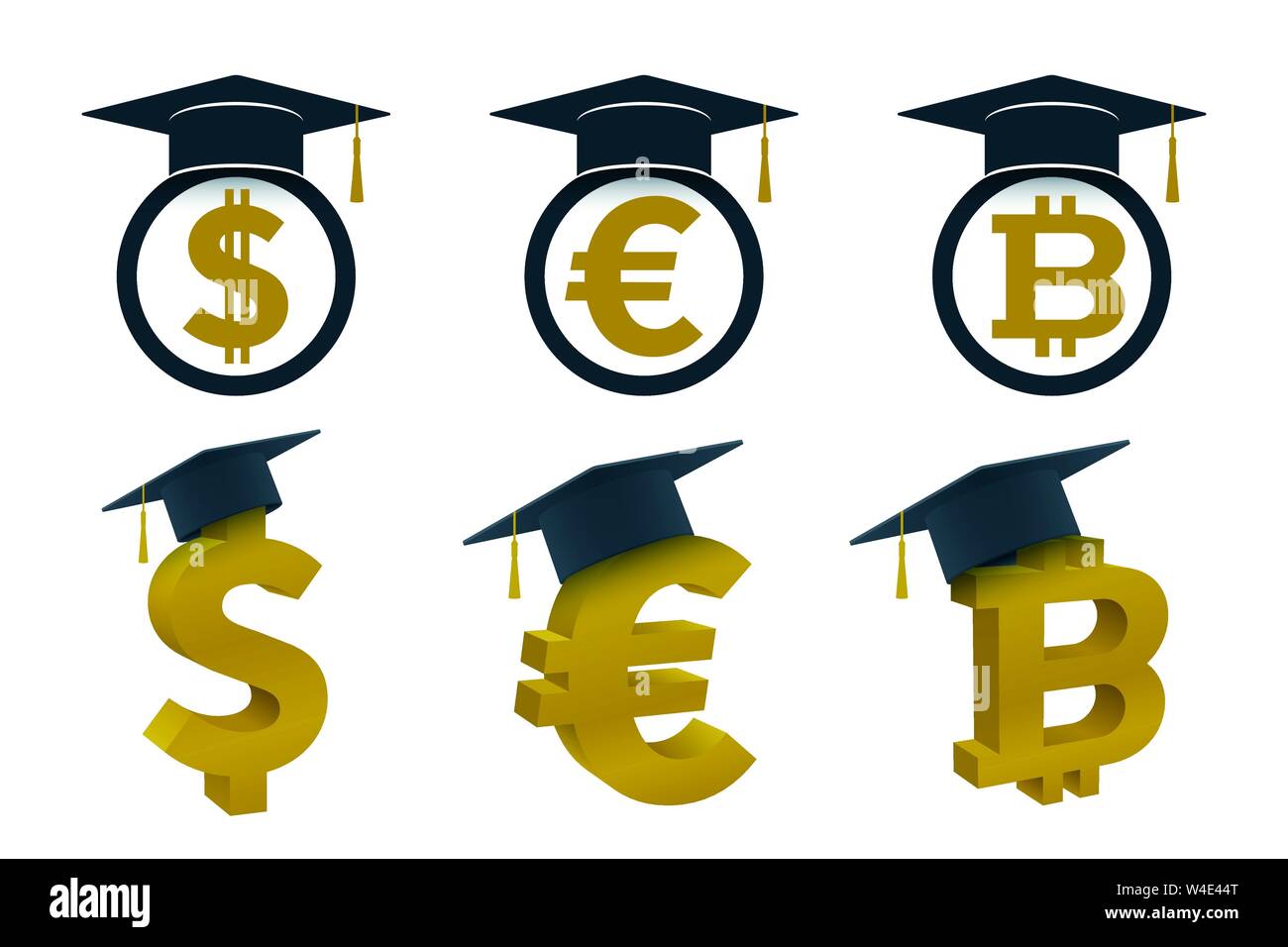Graduation cap icons with currency. Educational and financial concept ...