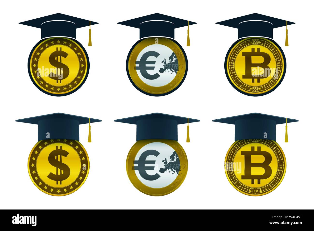 Graduation cap icons with coins. Educational and financial concept ...