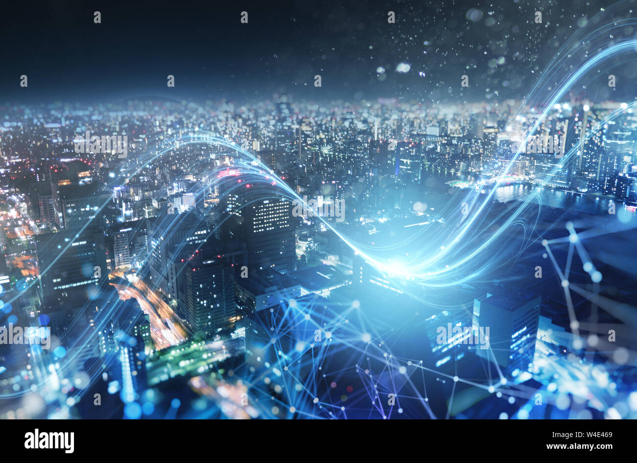 Fast connection in the city at night. Abstract technology background ...