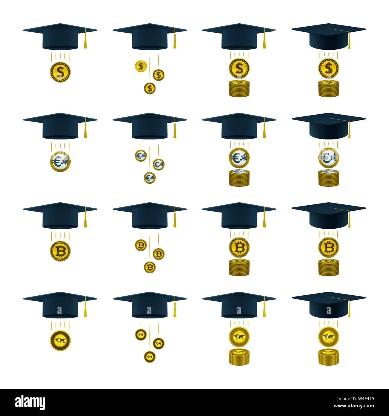 Coins coming out of graduation caps. Educational and financial concept ...