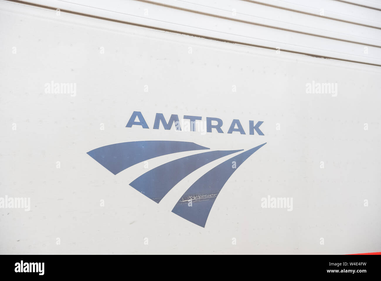 Close-up logo of Amtrak or National Railroad Passenger Corporation ...