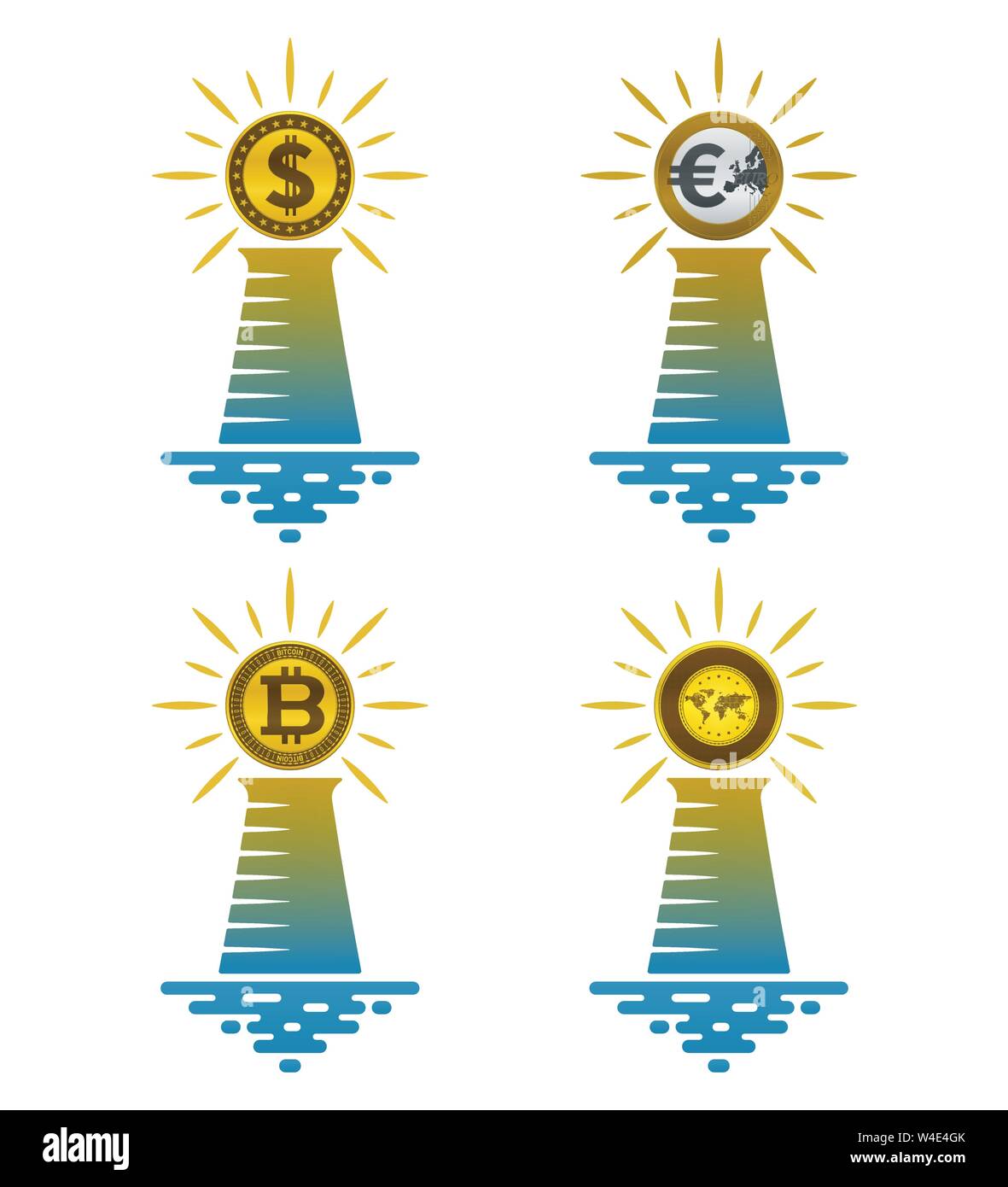 Lighthouse icons with coins on white background. Financial and nautical ...