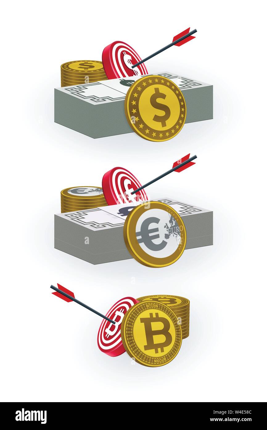 Coins, banknotes, target boards and arrow symbols on white background ...