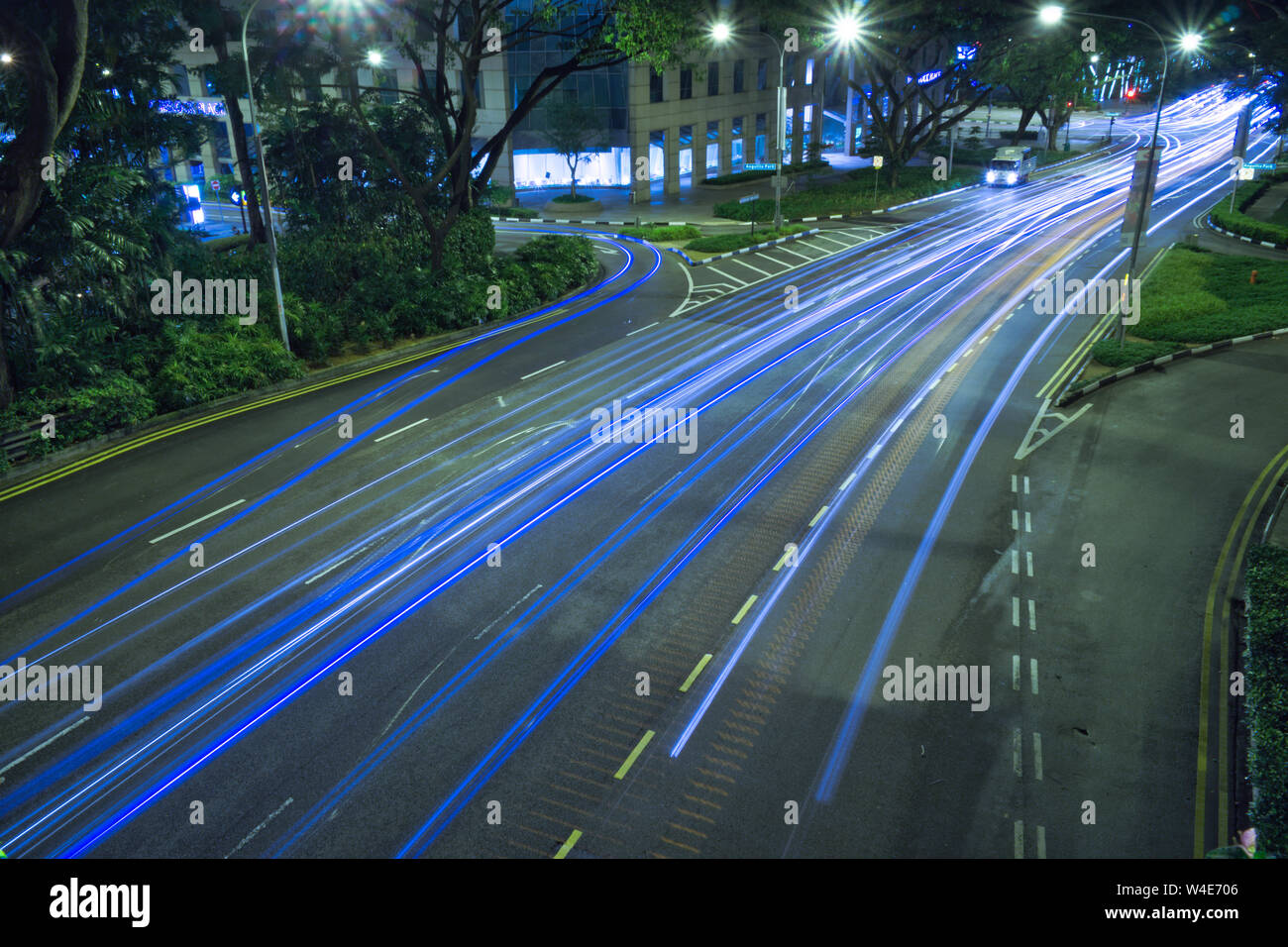 Altered color of a street view with blue lights long exposure Stock ...