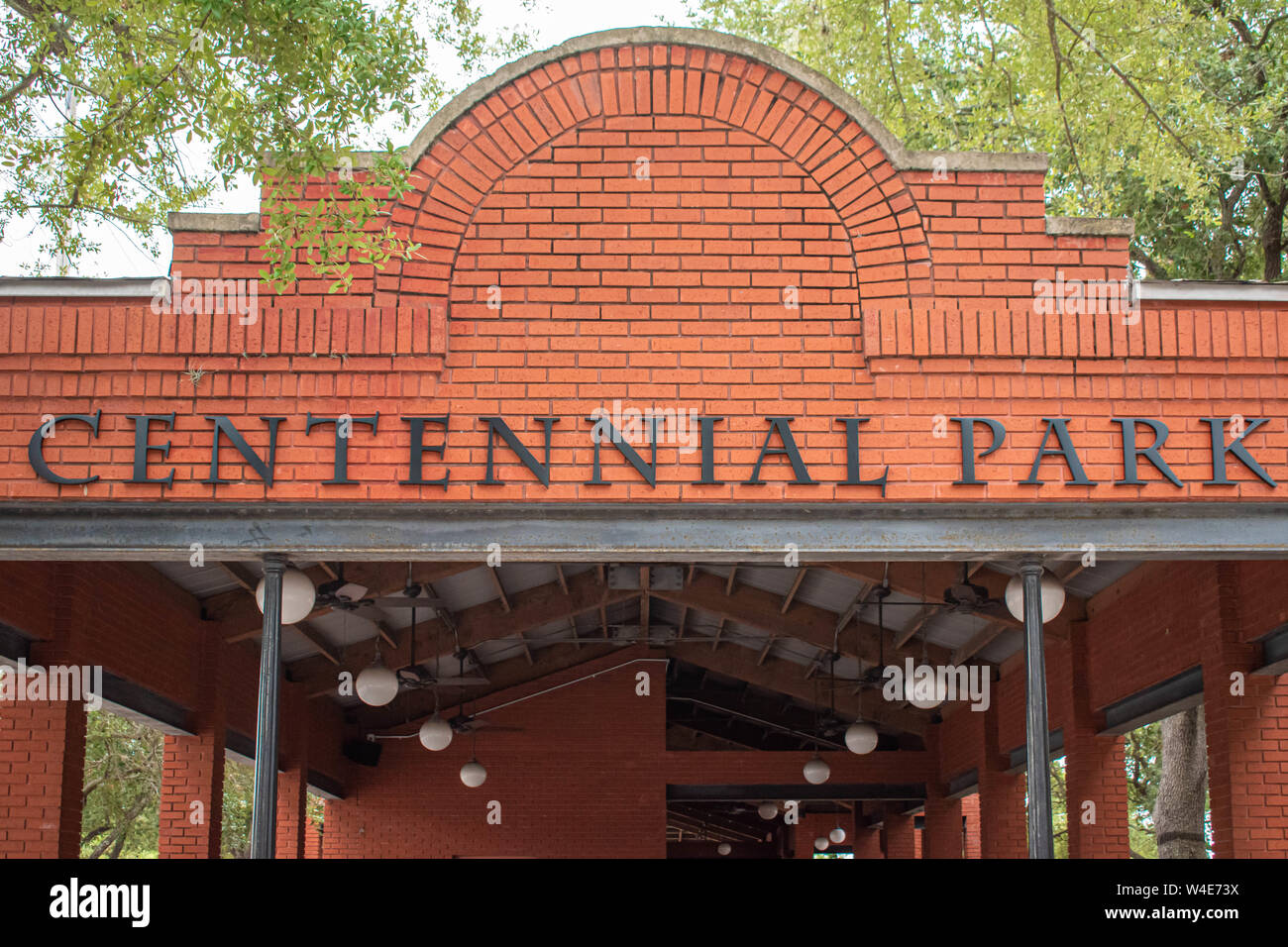 Tampa Bay, Florida. July 12, 2019 Top view of Centennial Park sign at ...