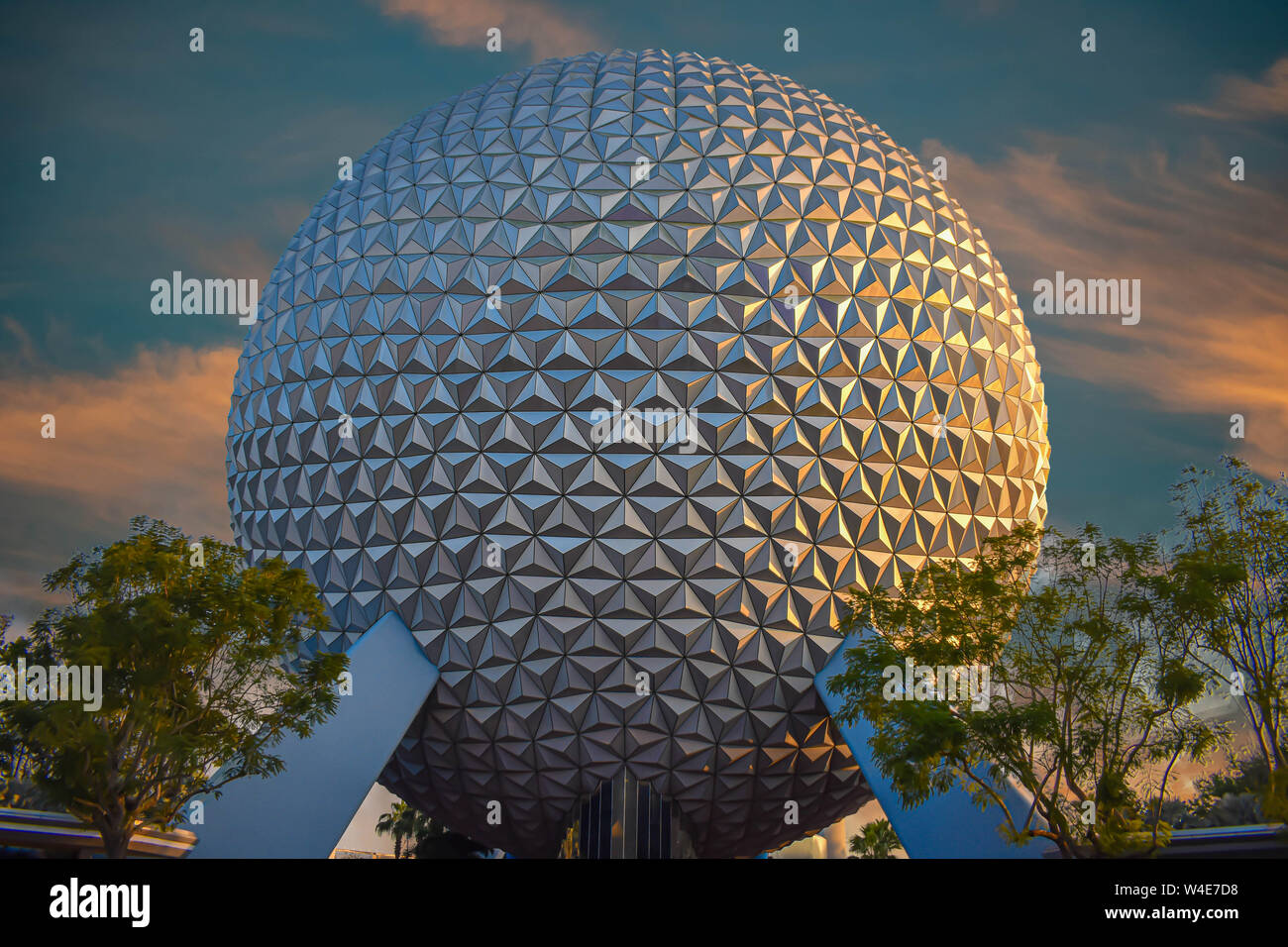 Orlando, Florida. July 11, 2019 Big Sphere on sunset background at Lake ...