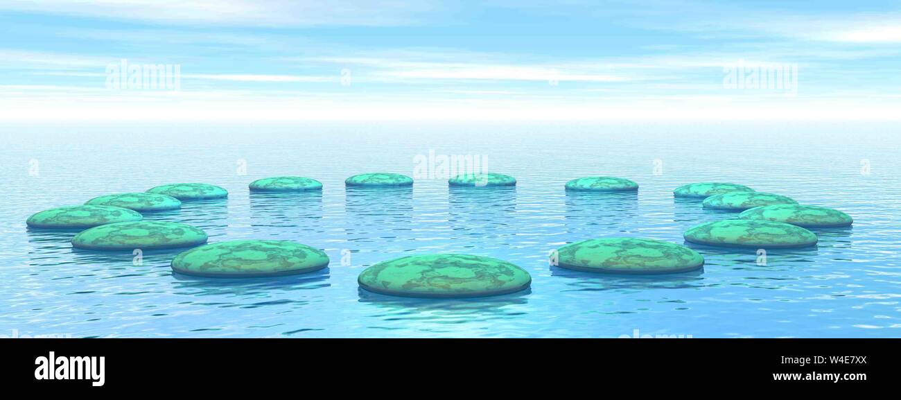 Soft stones in circle unpon water by beautiful colorful sunset - 3D ...