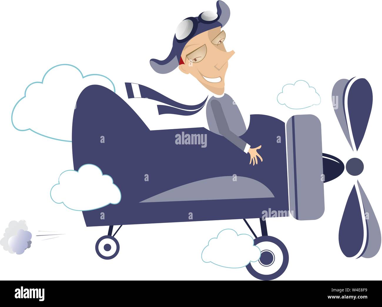 Funny pilot on the airplane illustration. Cartoon smiling man in helmet ...