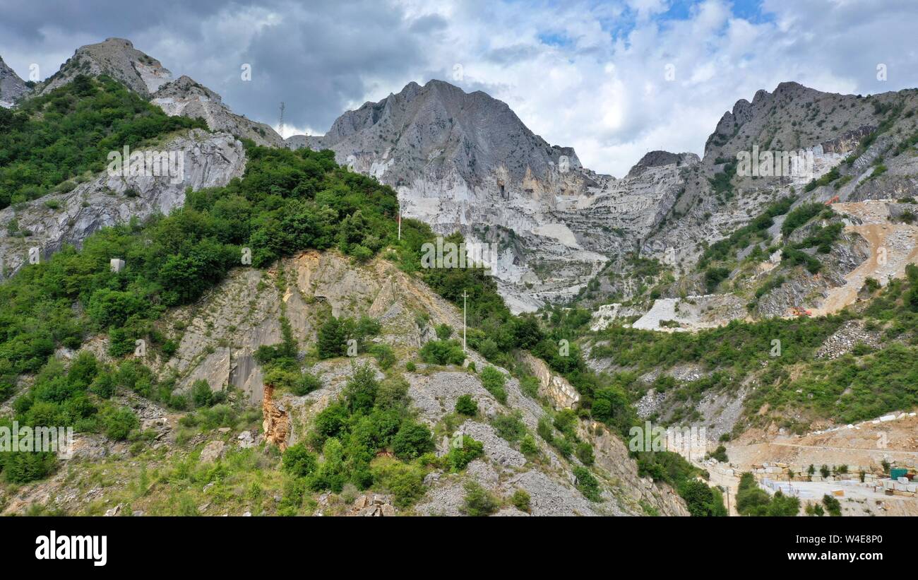 Aerial view of mountain of stone and marble quarries in the regional ...