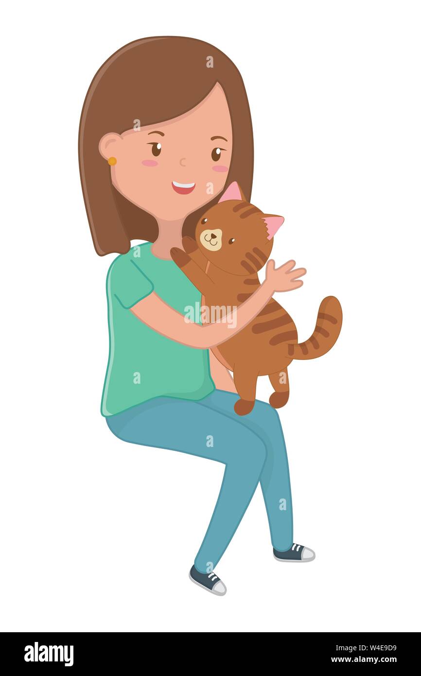 Girl with cat cartoon design, Mascot pet animal domestic cute life ...