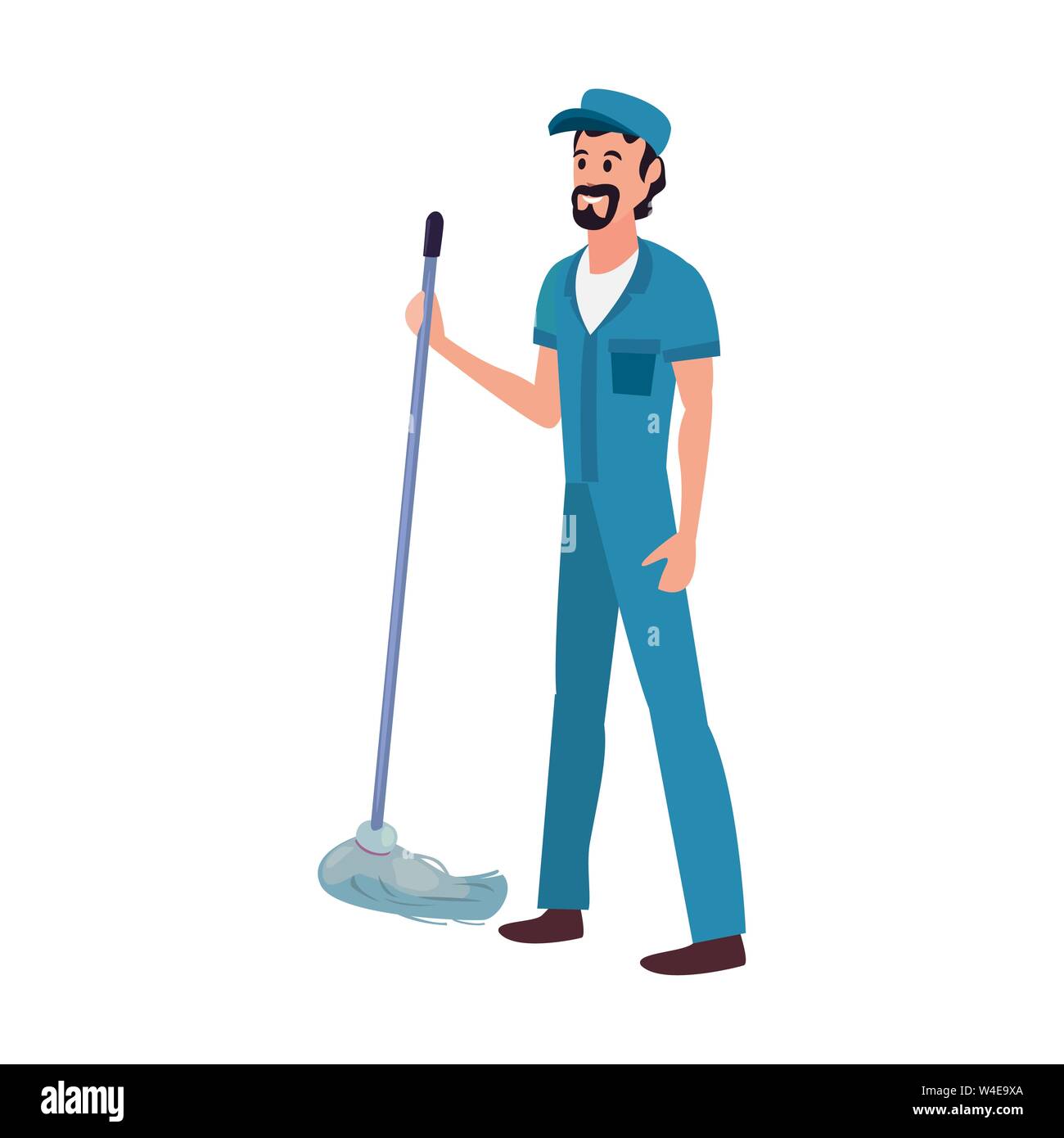 worker cleaning man mop on white background vector illustration Stock ...