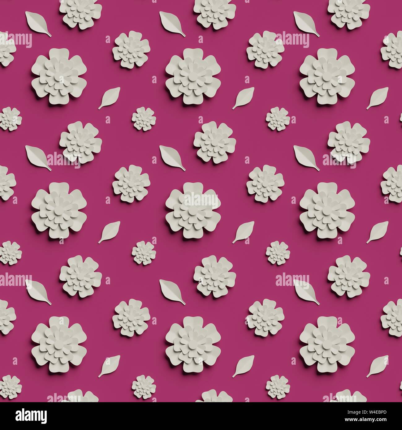 3D repeat pattern of white cut-out flowers and leaves on pink ...