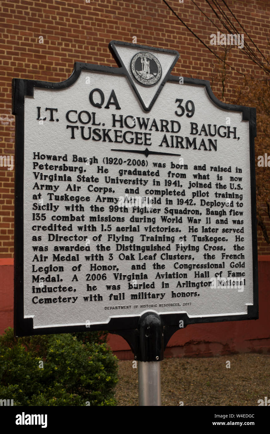 Howard Baugh Tuskegee Airman plaque in Petersburg Virginia Stock Photo ...