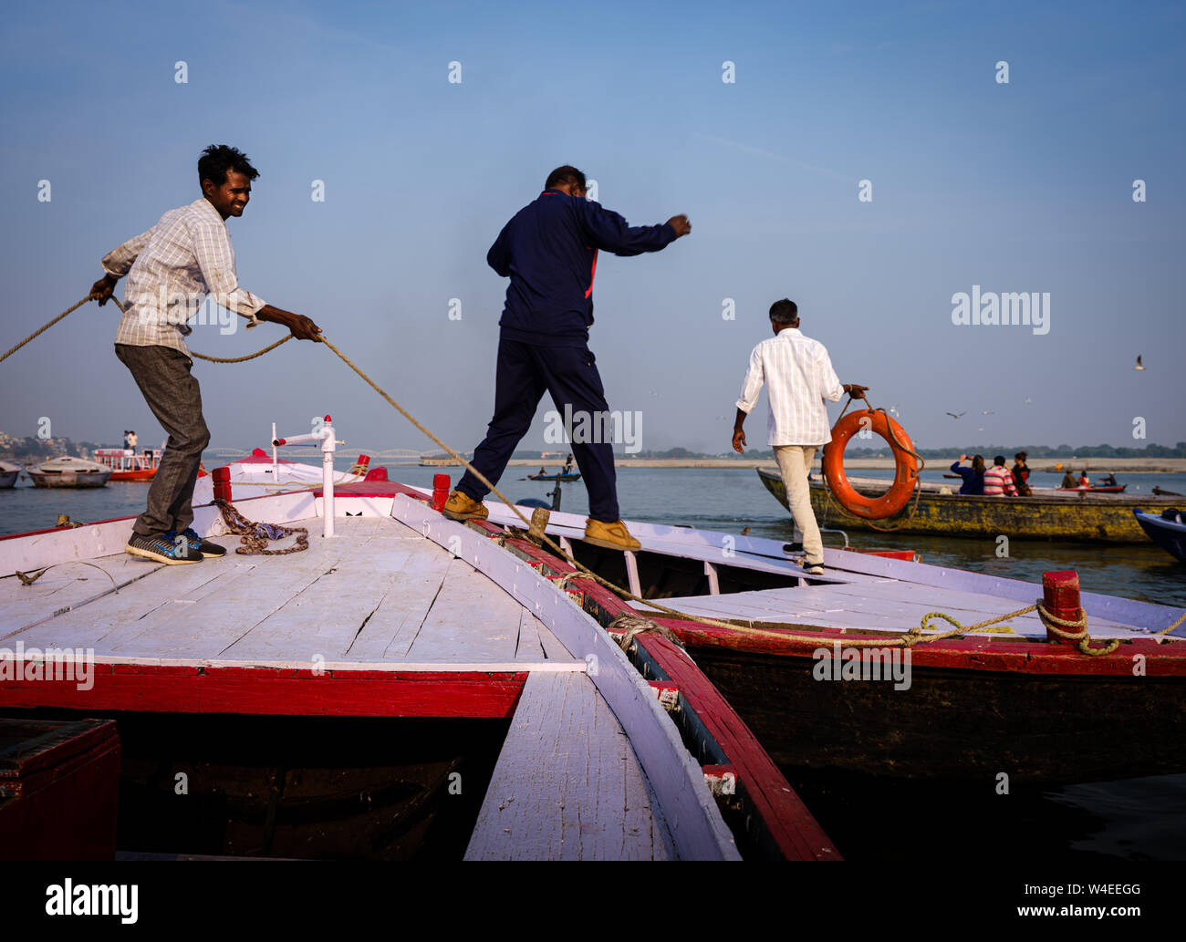 Varanasi, INDIA - CIRCA NOVEMBER 2018: Boatmen of Varanasi with their ...