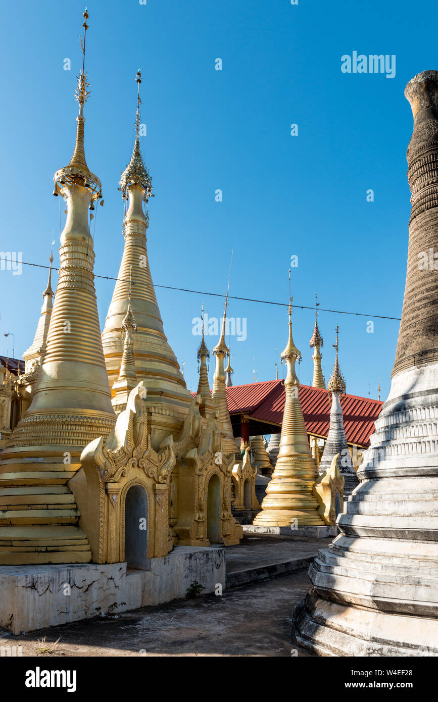 Vertical picture of Indein Temple, landmark of Inle lake, Myanmar Stock ...