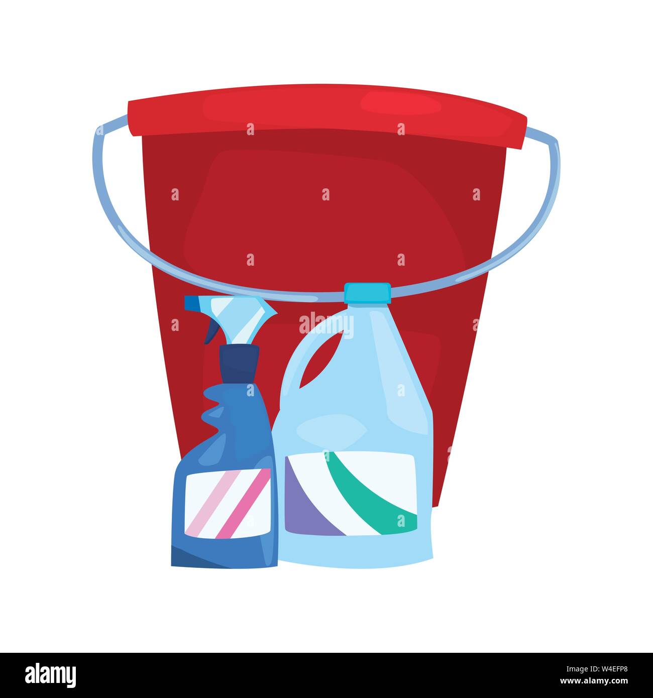 bucket with bottles detergents brush and sponge cleaning products and ...