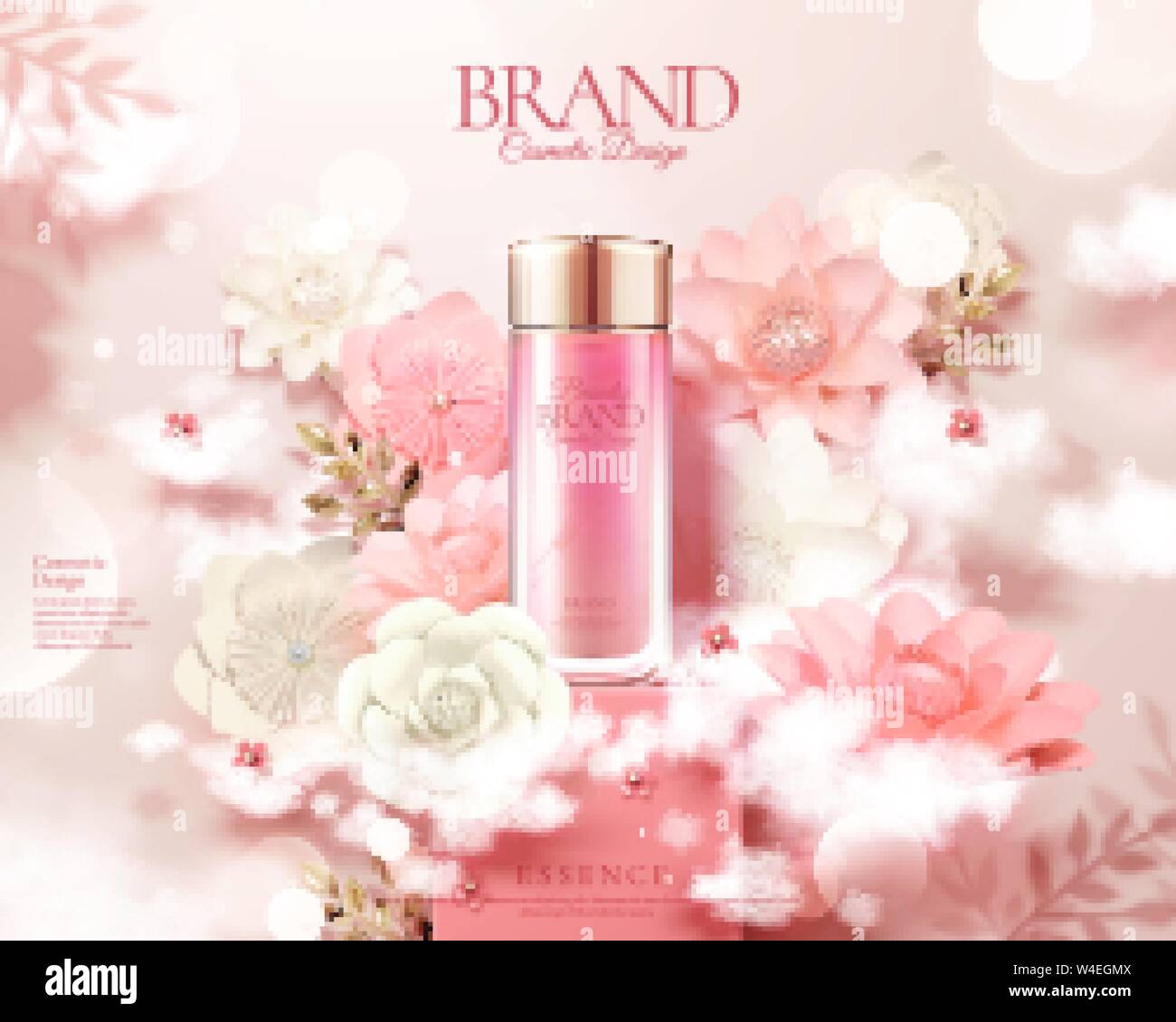 Pink skincare bottle ads with white and pink paper flowers in 3d ...