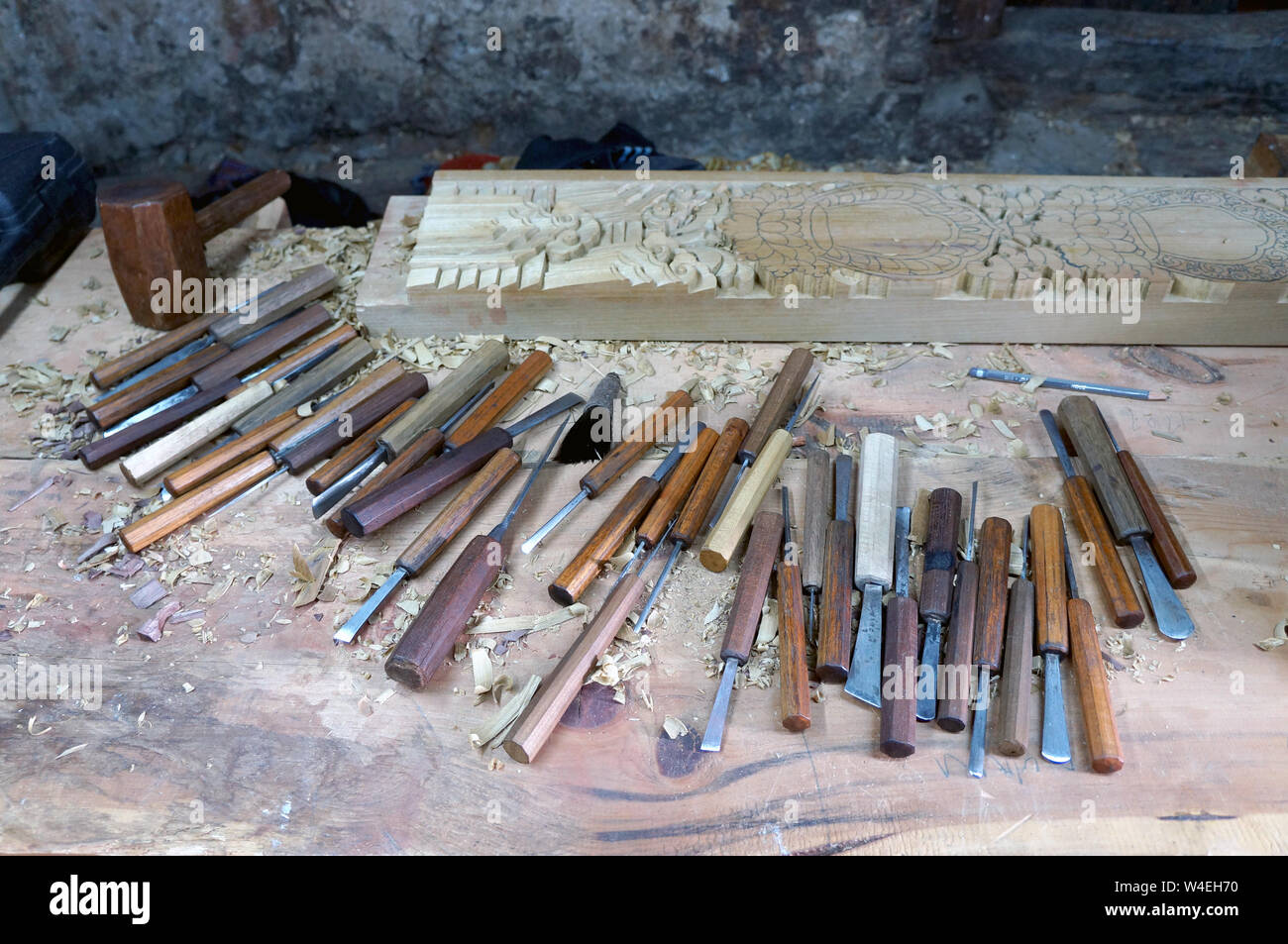 Woodcarving tools in Bhutan Stock Photo - Alamy