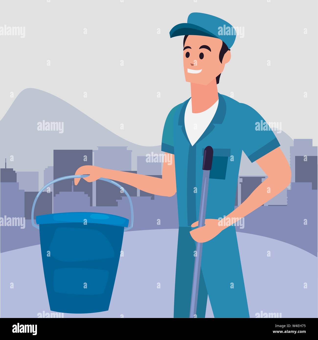 Worker Cleaning Man Bucket And Mop City Street Background Stock Vector