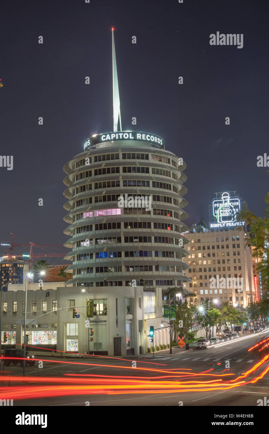 The landmark Capitol Records Building in Hollywood shown at night Stock ...