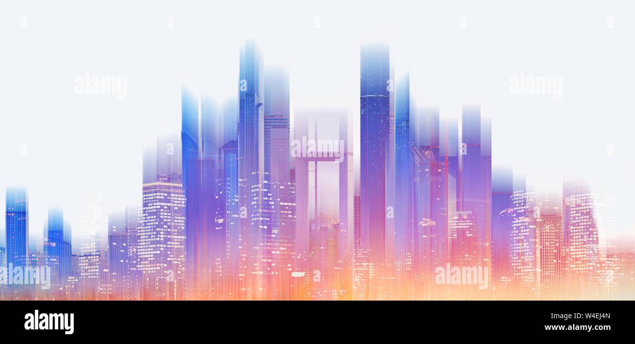 Futuristic modern building with bright and glowing colorful light, on ...