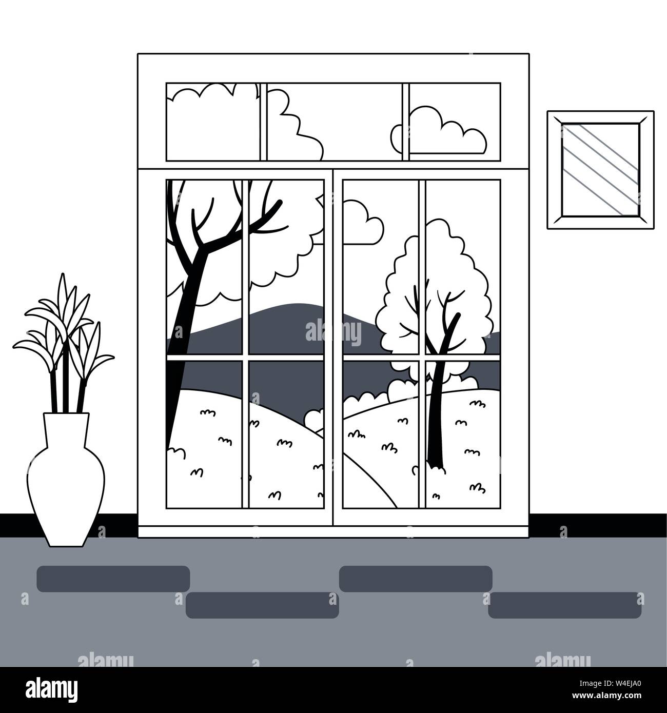 Landscape inside window design, Interior home house view room modern ...