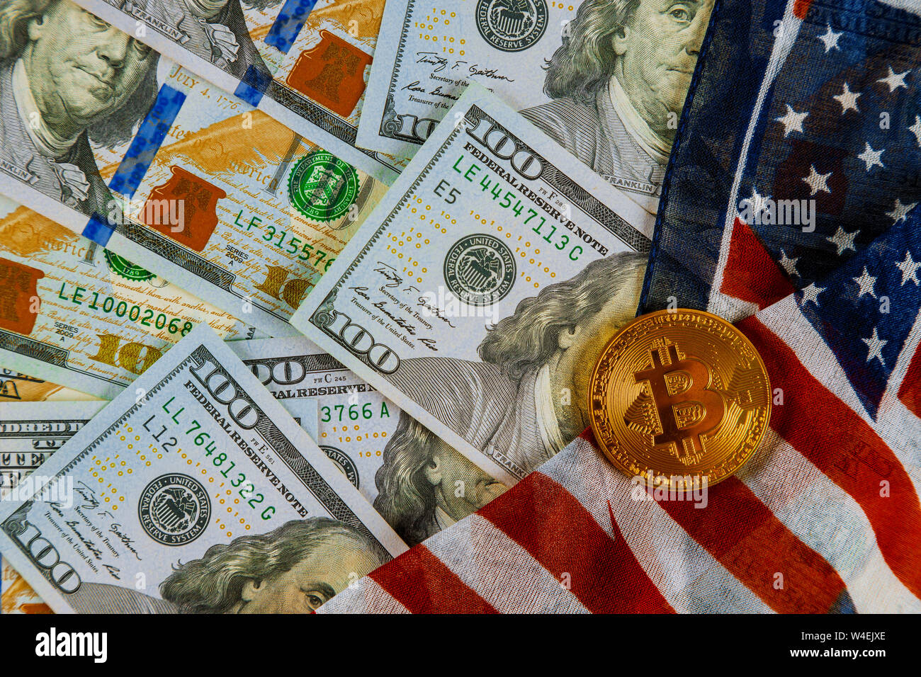 Coins Bitcoin on American flag background with US dollars Stock Photo ...