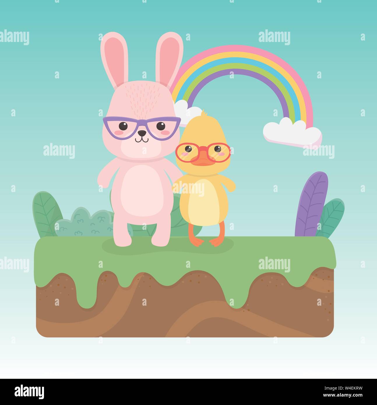 cute and little rabbit and duck in the field vector illustration design ...