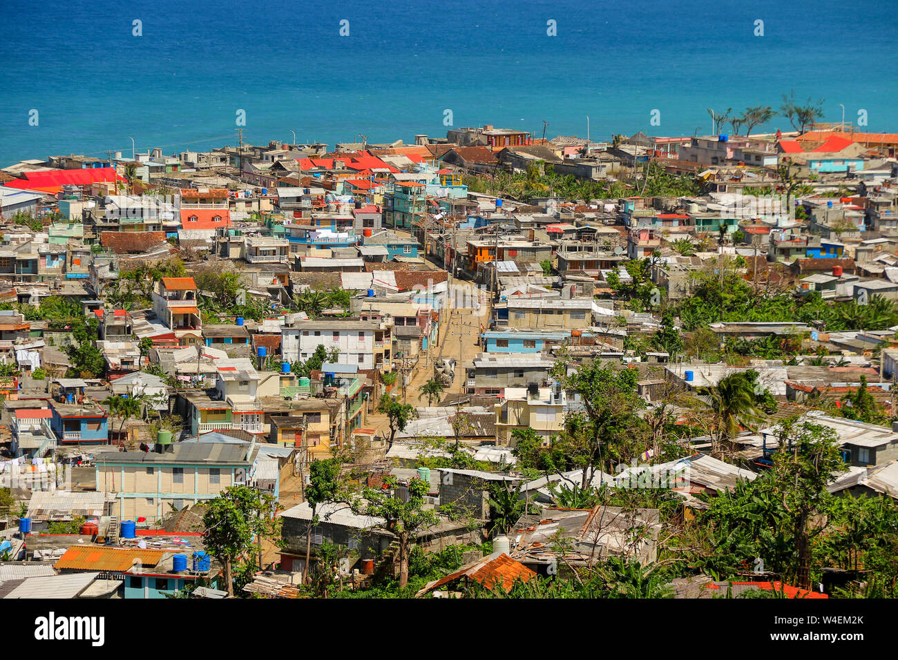 Aerial view of Baracoa in Cuba. Dirt streets and traditionnal housing ...