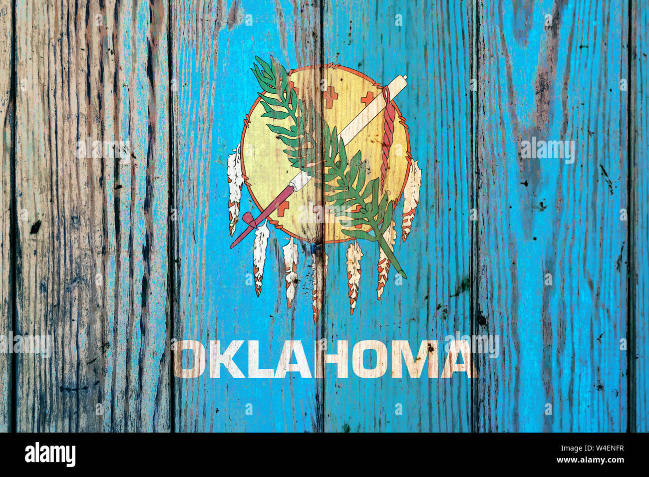 Oklahoma US state national flag on a gray wooden boards background on ...