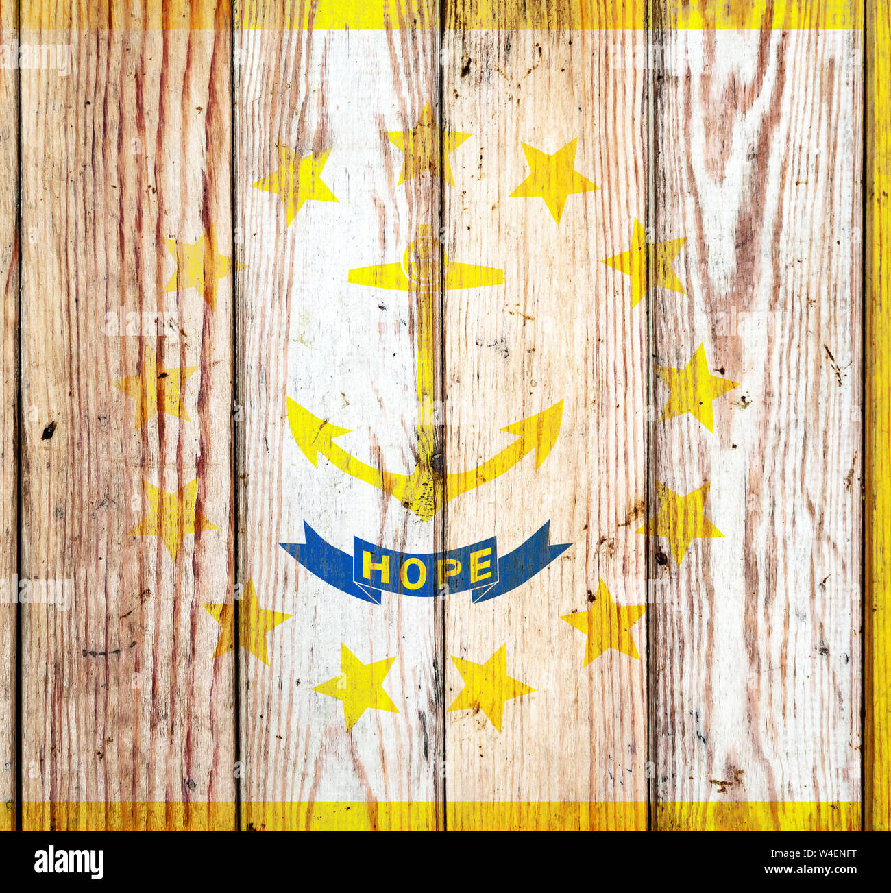Rhode Island US state national flag on a gray wooden boards background ...