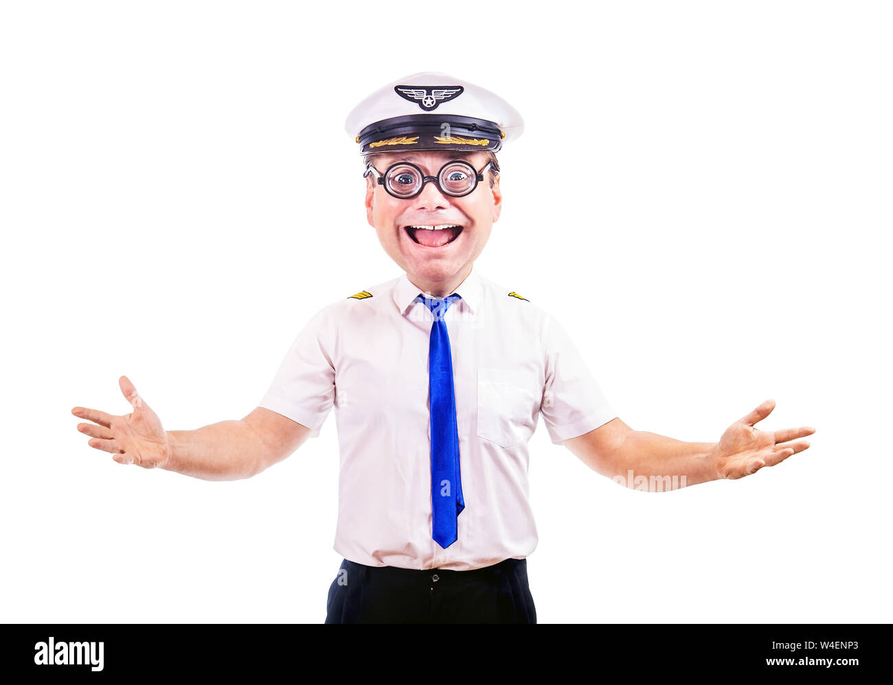 Funny cheerful pilot with glasses, isolated on white background. Crazy ...