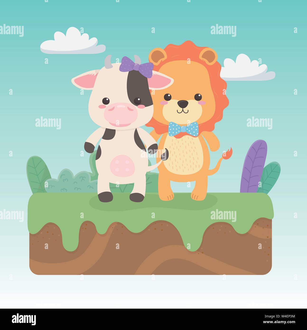 cute and little cow and lion in the field vector illustration design ...