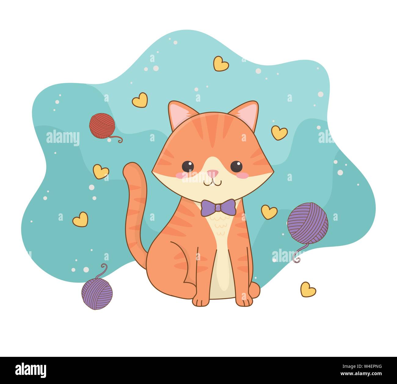 cute little cat mascot with wool roll and hearts pattern vector ...