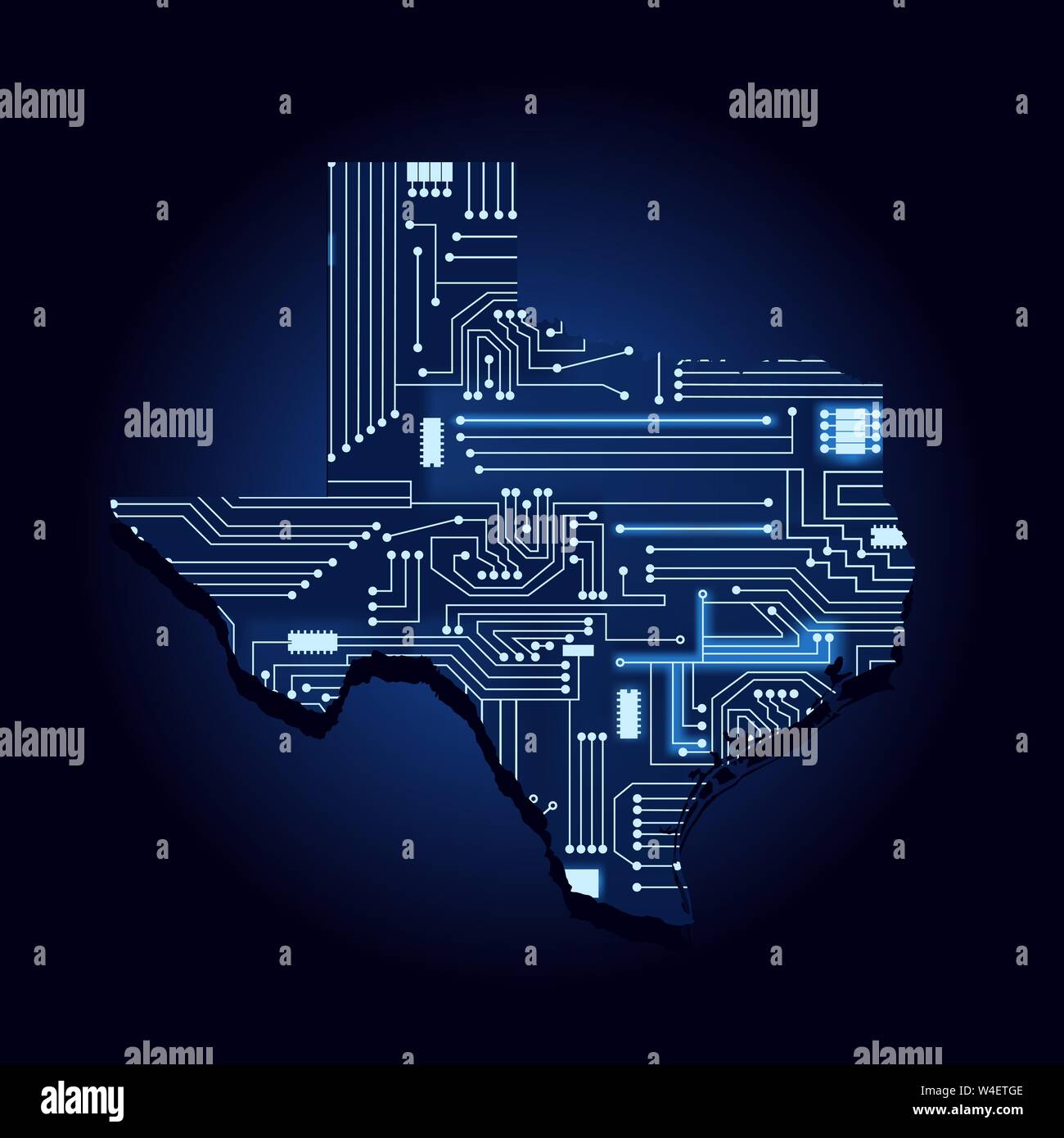 Contour map of Texas with a technological electronics circuit ...