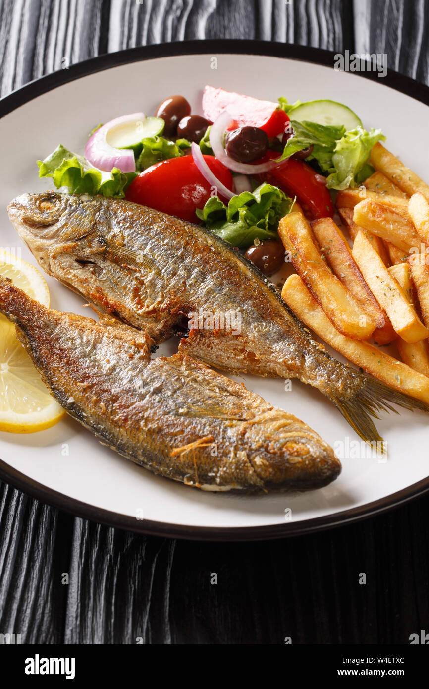 Fried Salema porgy fish with a side dish of fresh salad and french ...