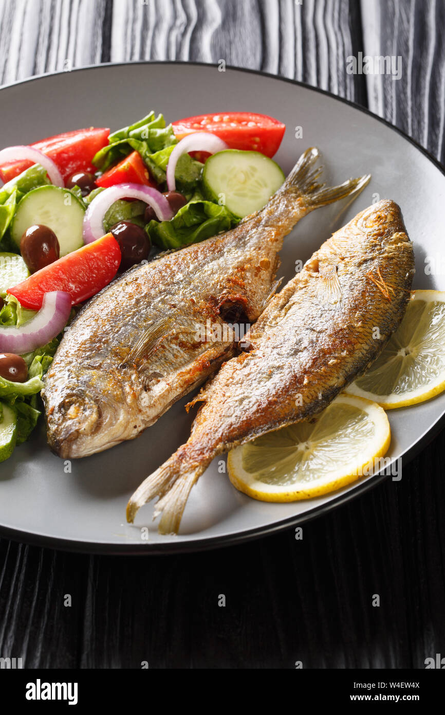 fried Salema porgy sea fish with fresh vegetable salad close-up on a ...
