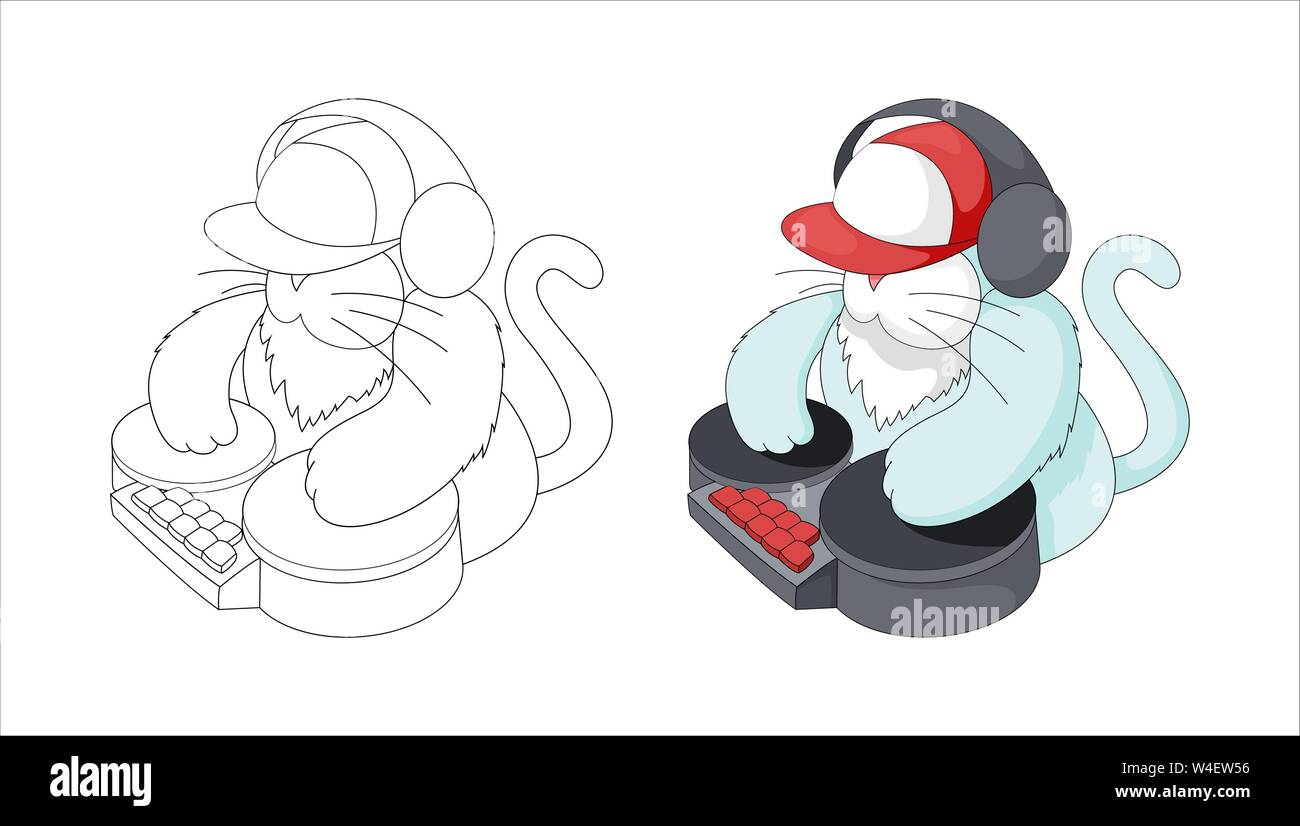 DJ cat cartoon vector illustration for print design isolated on white ...