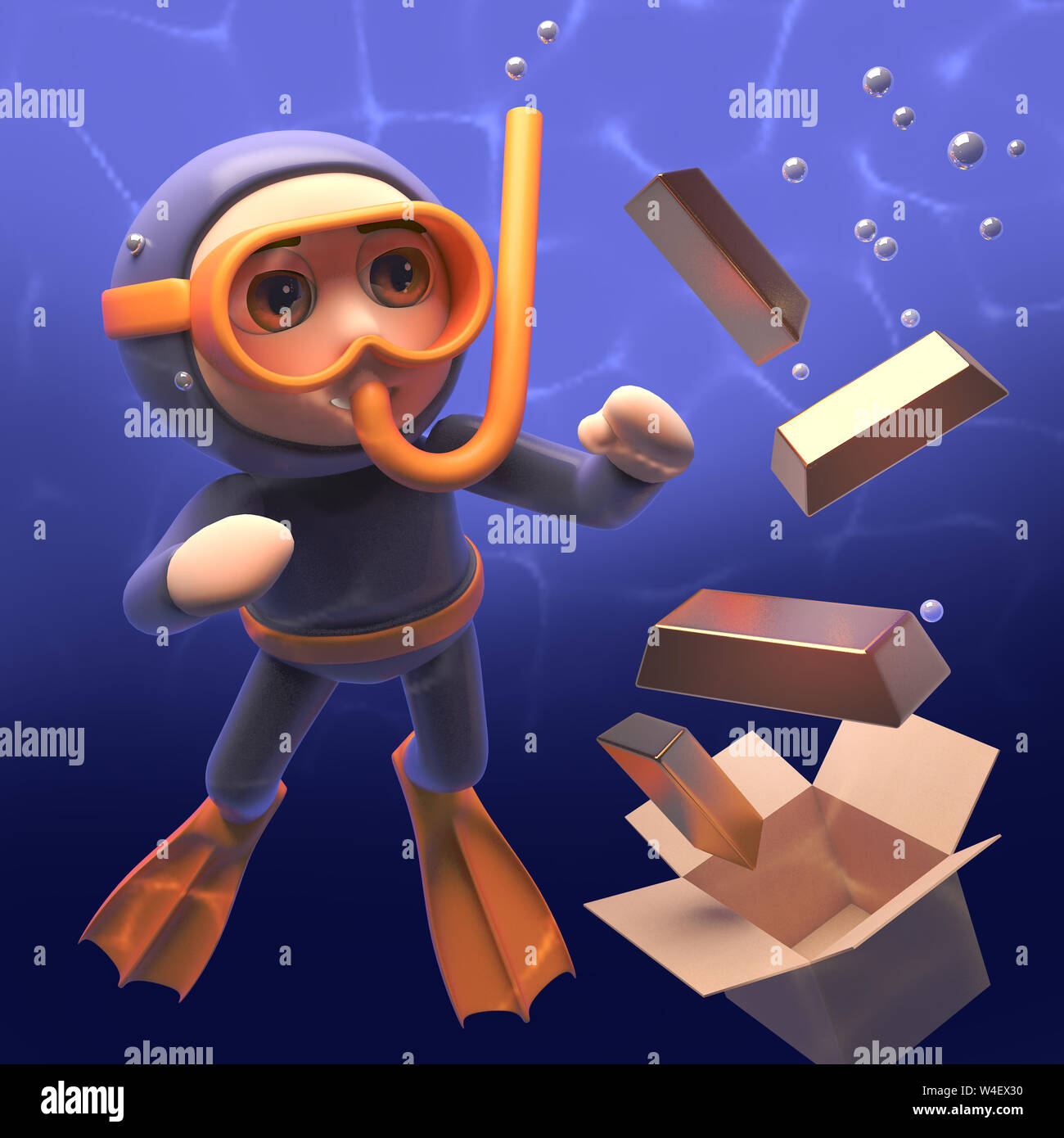 Gold bullion bars sink in the ocean in view of the snorkel diver, 3d ...