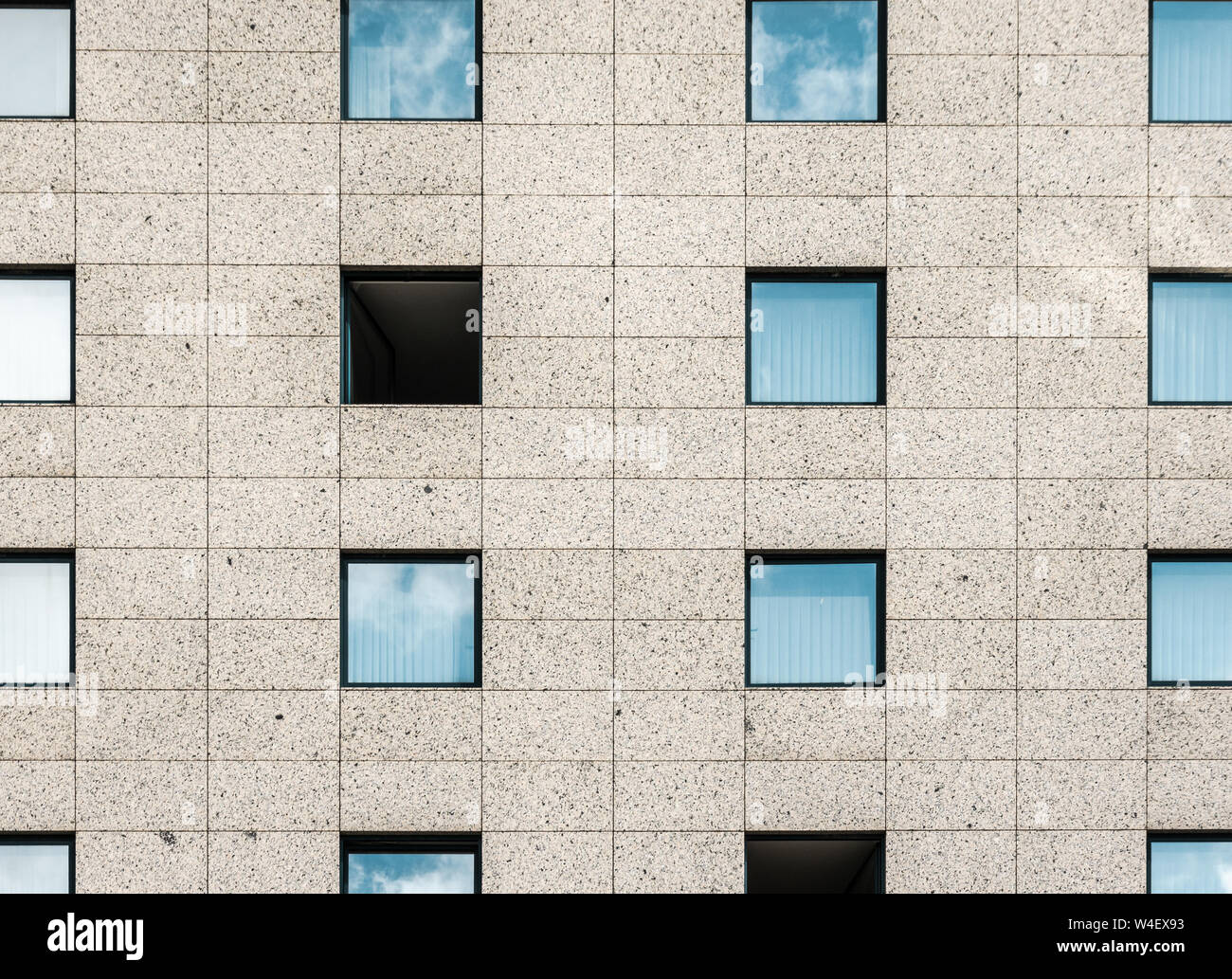 Strictly geometric rectangular exterior view of the facade of a ...