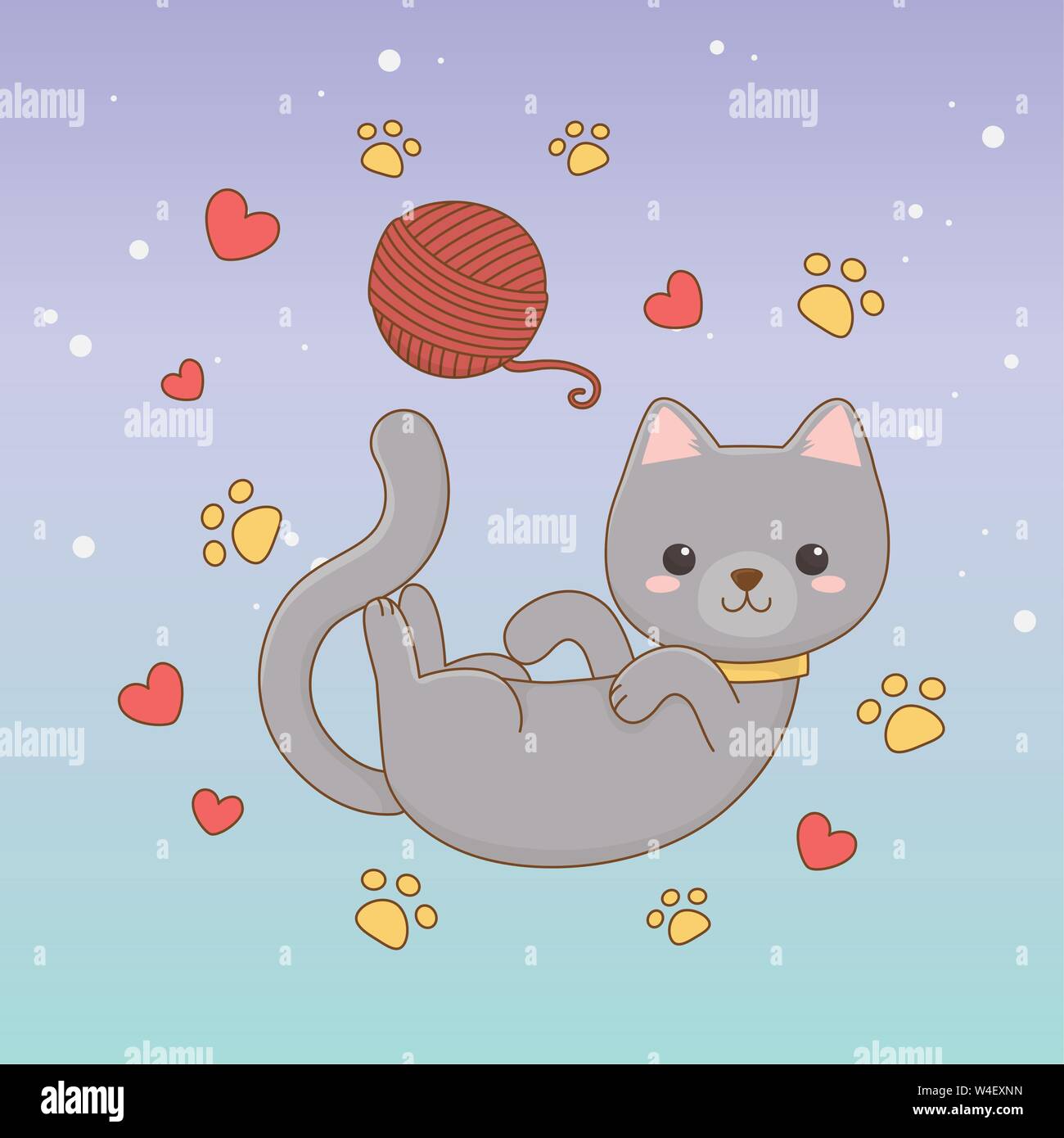 cute little cat mascot with wool roll and hearts pattern vector ...
