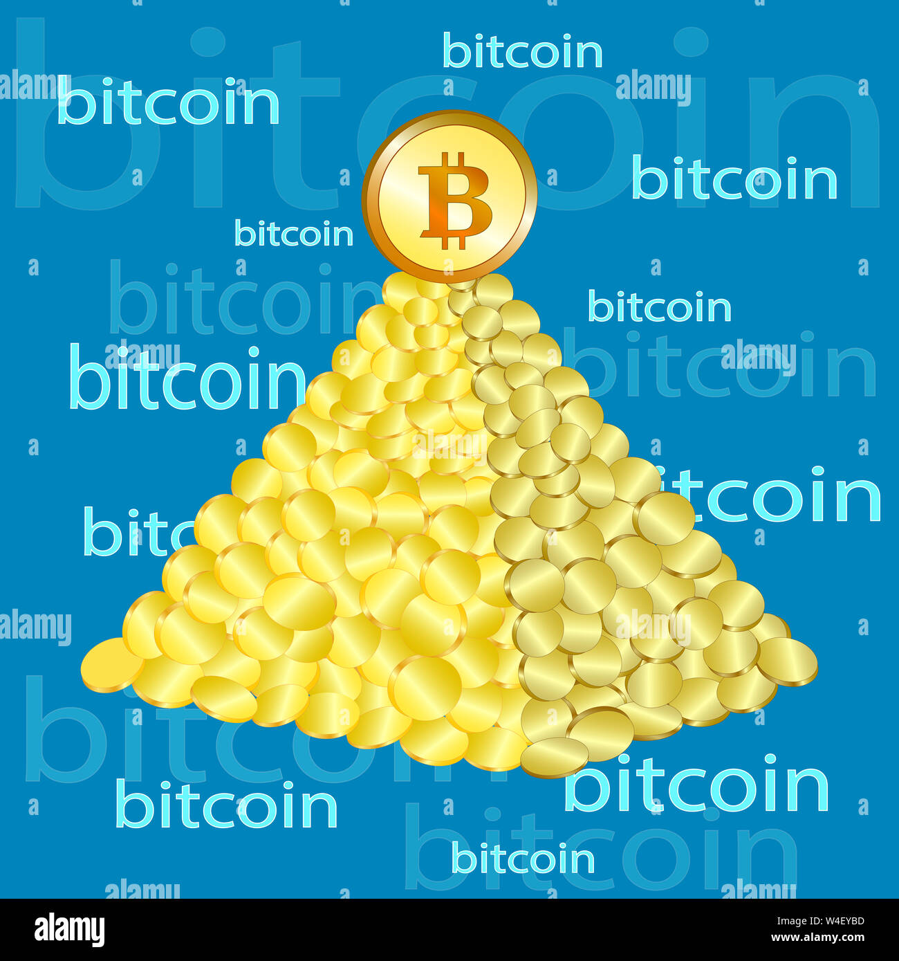 The Bitcoin Symbol. Pyramid of gold coins . Blue . The Inscription ...