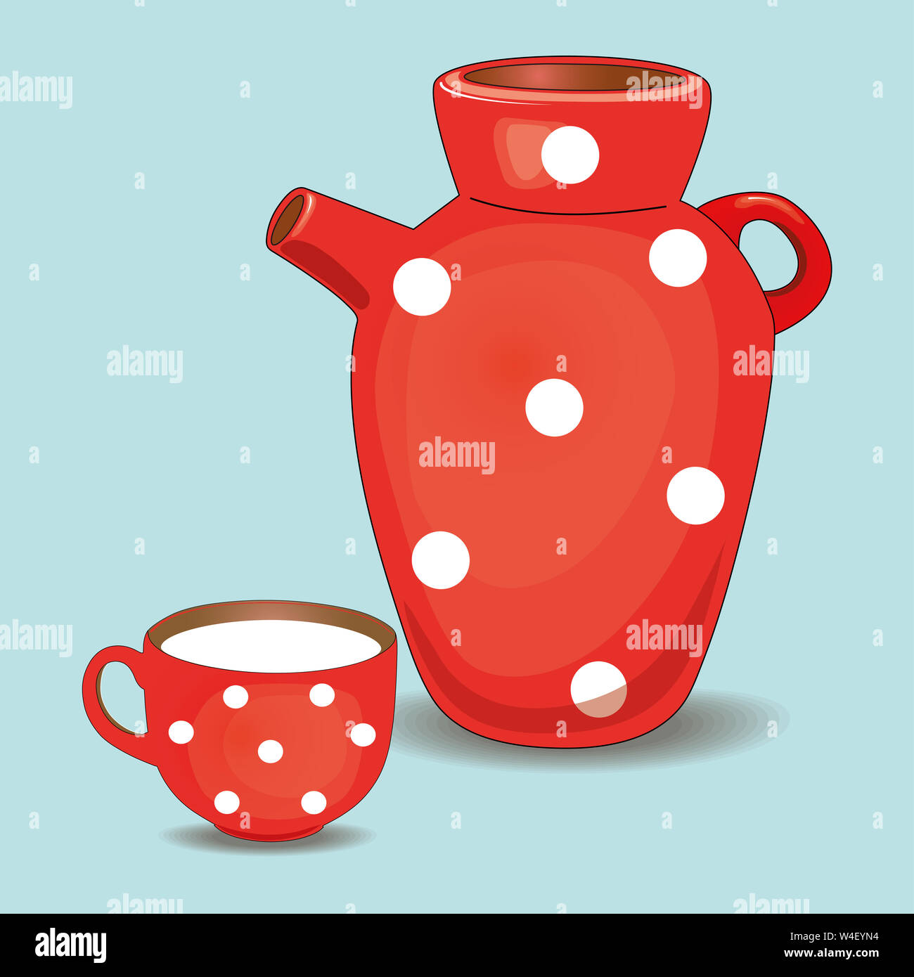Flat drawing of a red jug. Red clay jug with white polka dots. A mug ...